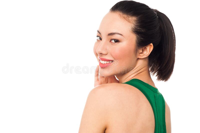 Happy Woman Looking Over Her Shoulder Stock Image - Image of lifestyle ...