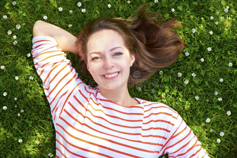 Happy Woman Lying In The Grass Stock Image Image Of Grass Recreation