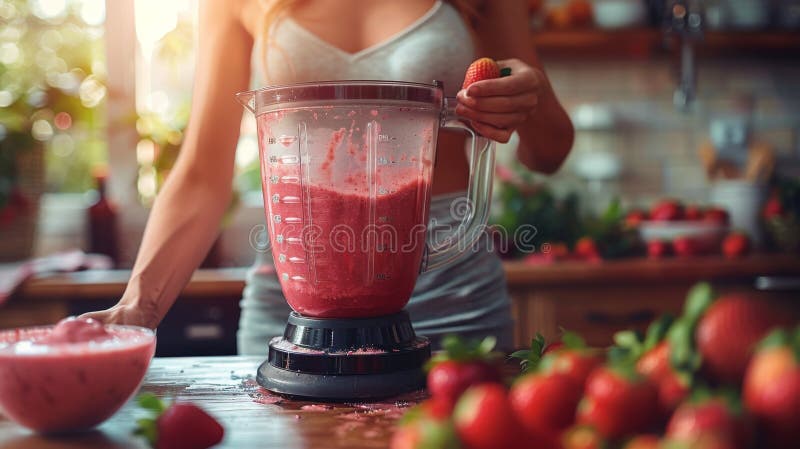 A Happy Woman is Making a Red Smoothie in a Blender. Generative AI ...