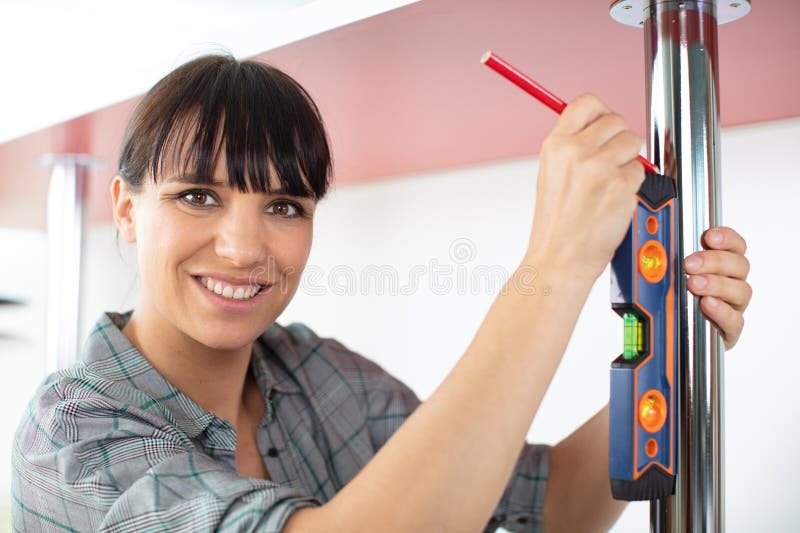 Happy Woman Measuring Table Stock Photo - Image of measure, object ...