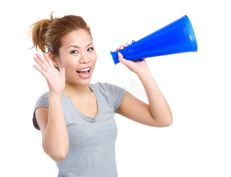 Happy woman with megaphone stock image. Image of hollering - 40634803