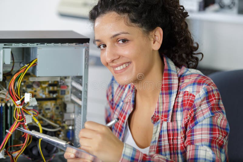 Happy Woman Next To Broken Processor Stock Photo - Image of profession ...