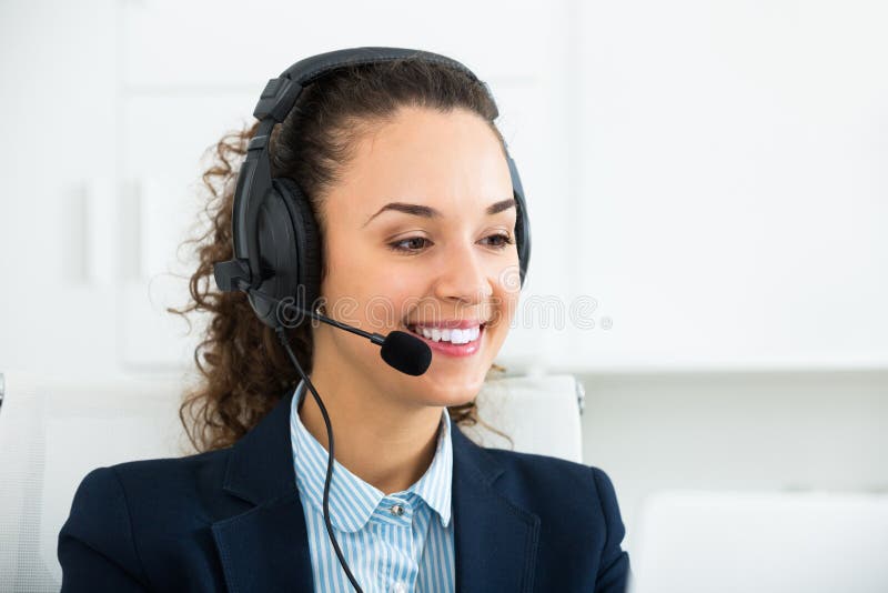 Happy Woman Operator Talking with Client by Headset Stock Image - Image ...
