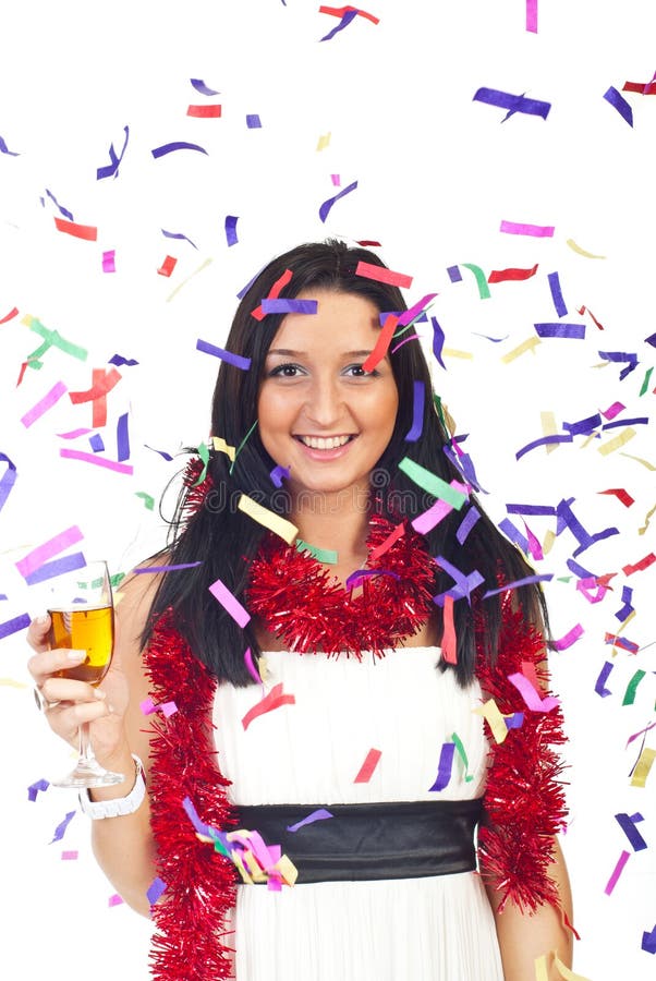 Happy Woman at Party with Confetti Stock Photo - Image of falling ...
