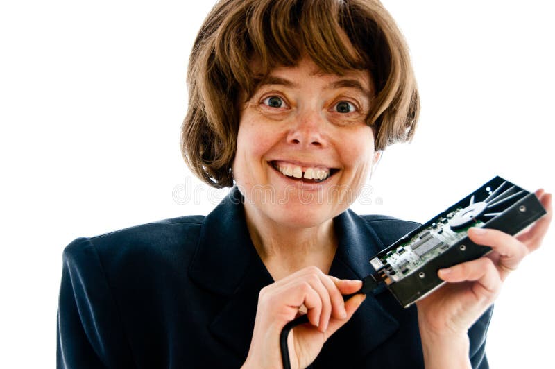 Happy Woman Plugs in a Hard Drive Stock Photo - Image of cable, repair ...