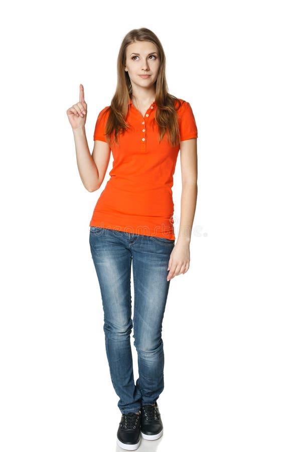 Woman Pointing Up Standing in Full Length Stock Photo - Image of people ...
