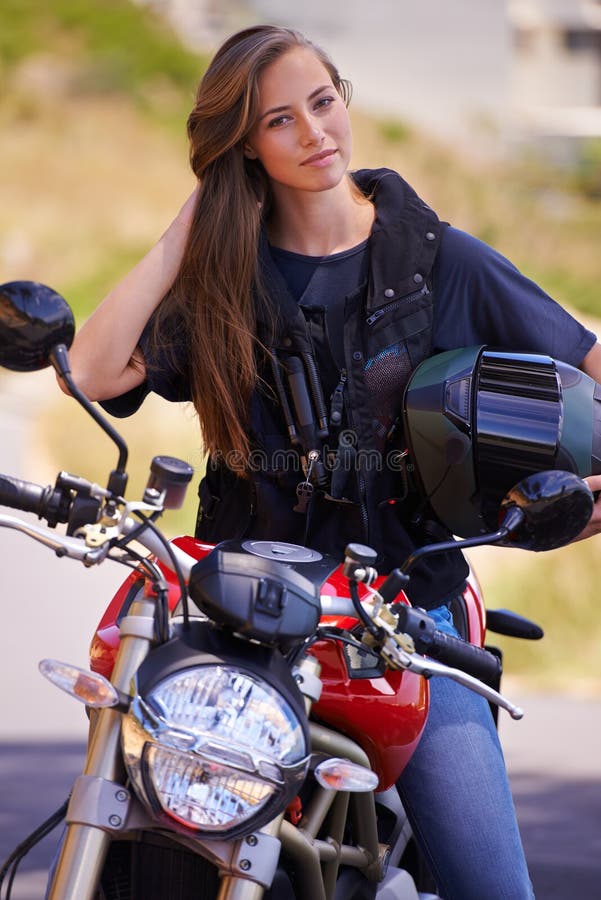 Happy Woman, Portrait and Biker on Motorcycle in City with Helmet for ... Happy Woman, Portrait and Biker on Motorcycle in City with Helmet for ...