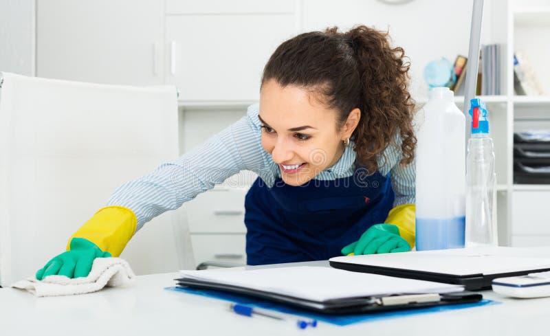 Happy Woman Cleaner Doing Clean-up in Modern Office Stock Image - Image ...