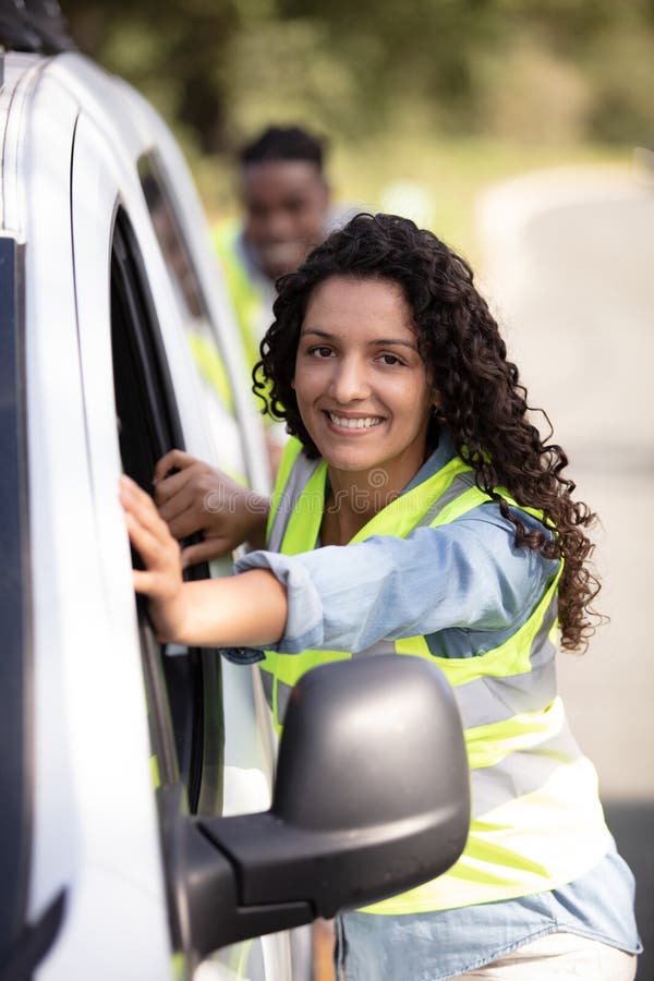 Happy Woman Pushing Broken Down Car Stock Image - Image of broken ...