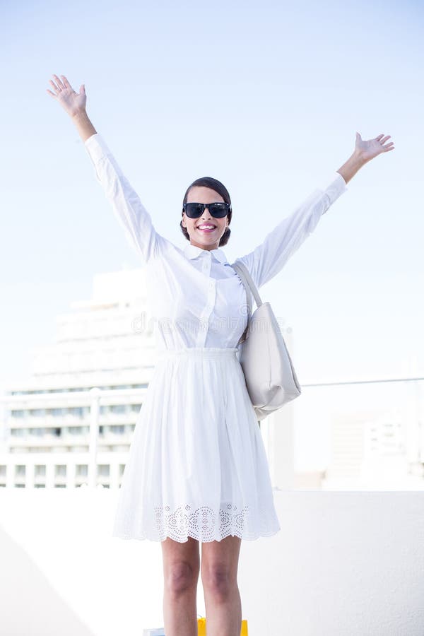 Happy Woman Raising Her Hands Up Stock Photo - Image of person, blue ... Happy Woman Raising Her Hands Up Stock Photo - Image of person, blue ...