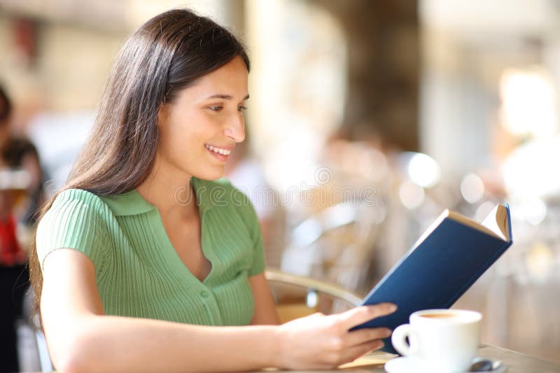 Happy Woman Reading a Book in a Terrace Stock Image - Image of learning ...