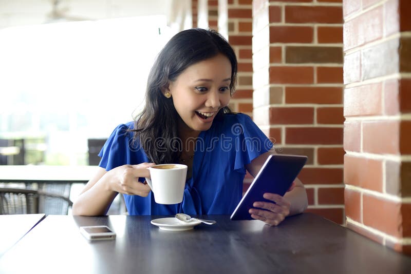 Woman Reading Magazine in Cafe Stock Image - Image of enjoyment ...