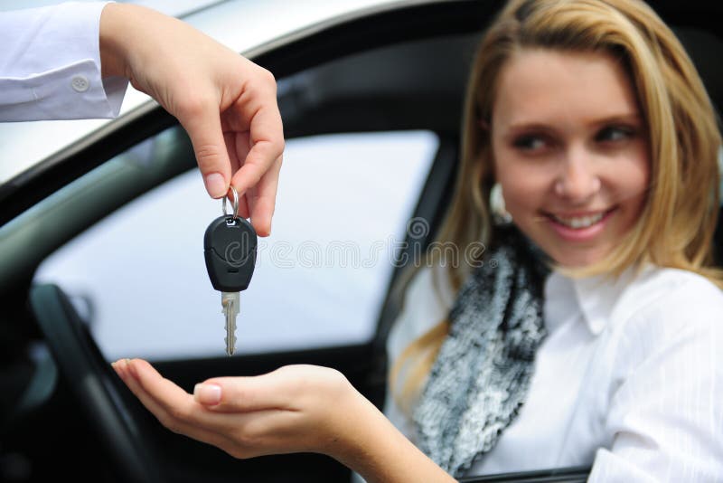 Happy Woman Receiving Car Key Stock Image - Image of handing, hiring ...