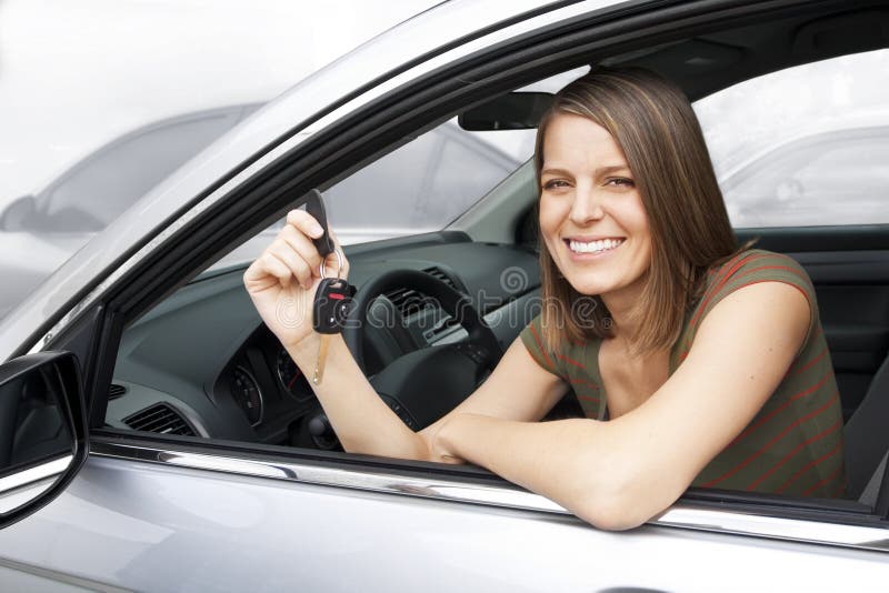 Car Rental: Happy Woman in Her Car Near the Beach Stock Image - Image ...