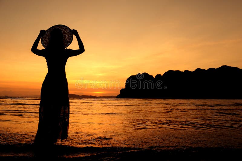Thinking Woman Sit in the Sunset on the Beach Stock Photo - Image of ...