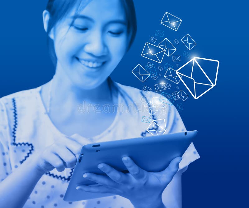 Happy woman sending email stock image. Image of handling - 40040241