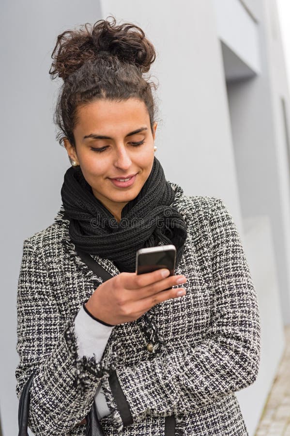 Happy Woman Sending Text Message on Smartphone Stock Image - Image of ...