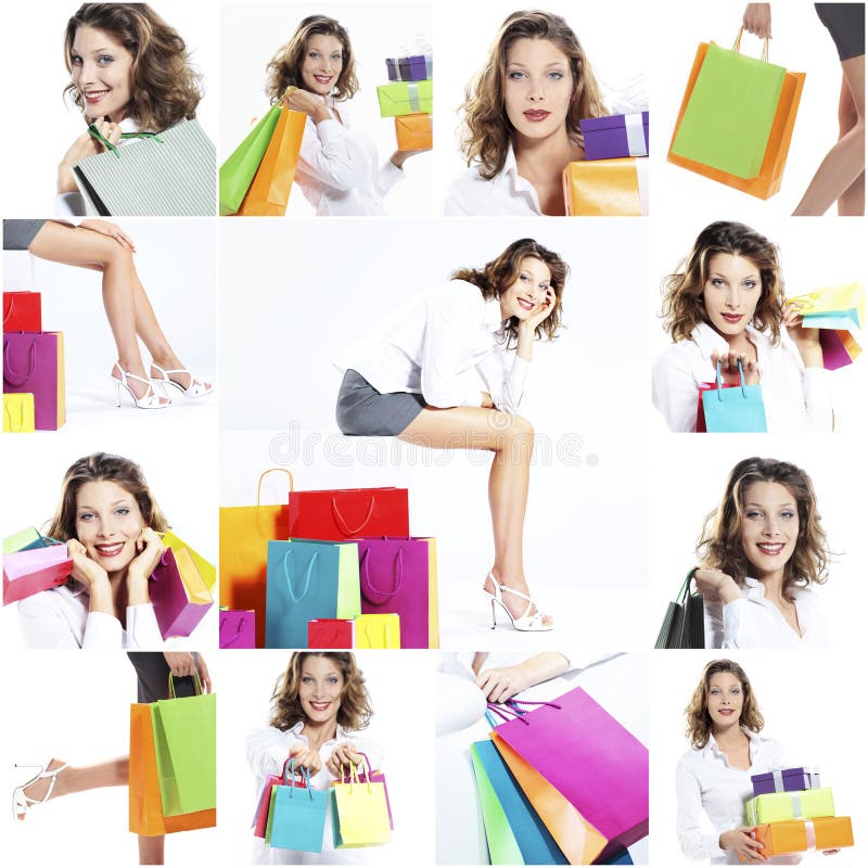 Happy Woman Shopping Collage Stock Photo - Image of colored, money ...