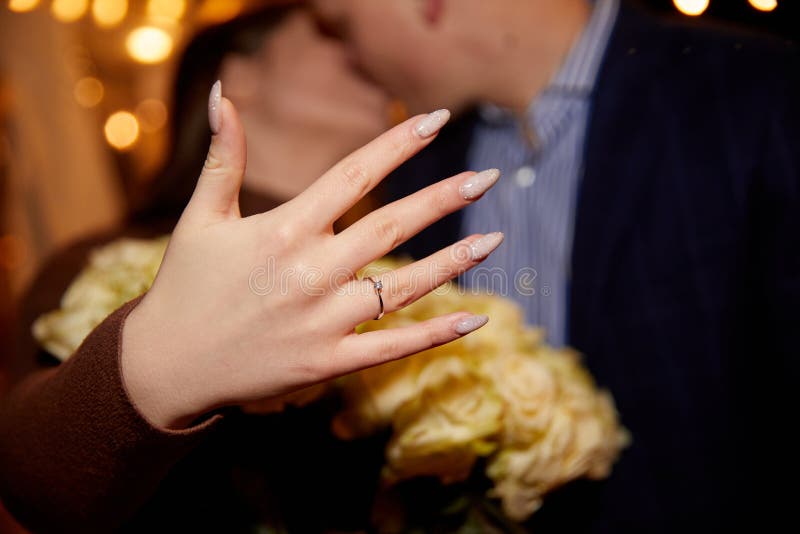Happy Woman Shows Engagement Ring after Proposal Stock Photo - Image of ...