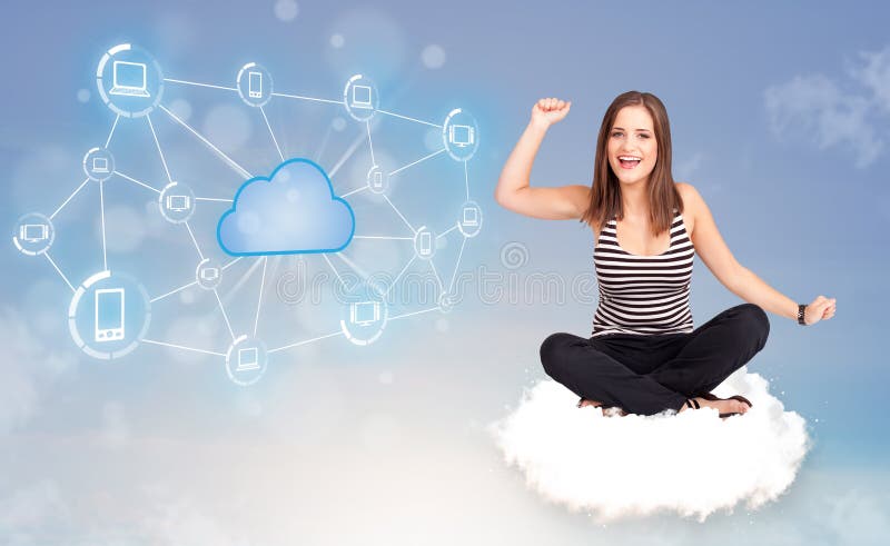 Happy Woman Sitting on Cloud with Cloud Computing Stock Image - Image ...