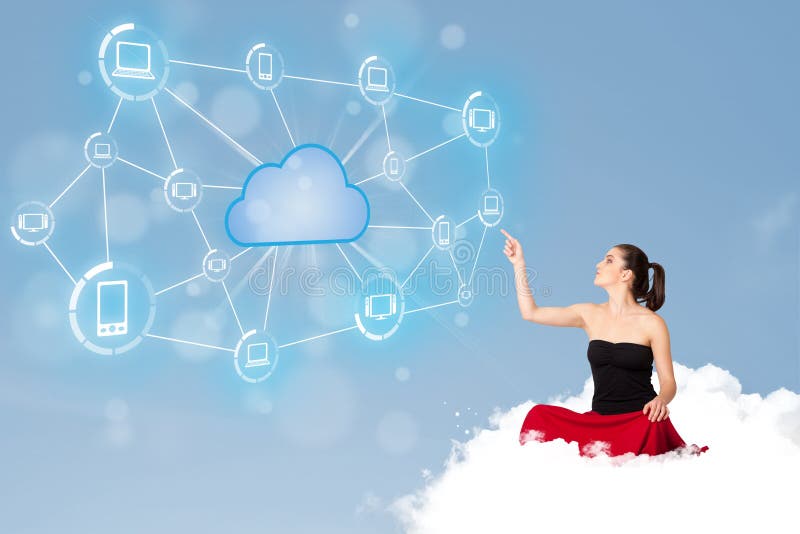 Happy Woman Sitting on Cloud with Cloud Computing Stock Photo - Image ...
