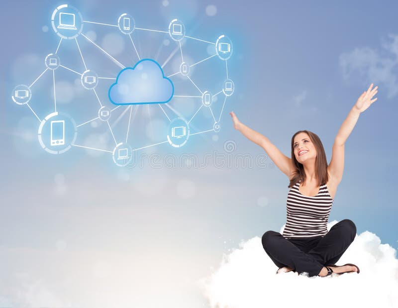 Happy Woman Sitting on Cloud with Cloud Computing Stock Image - Image ...