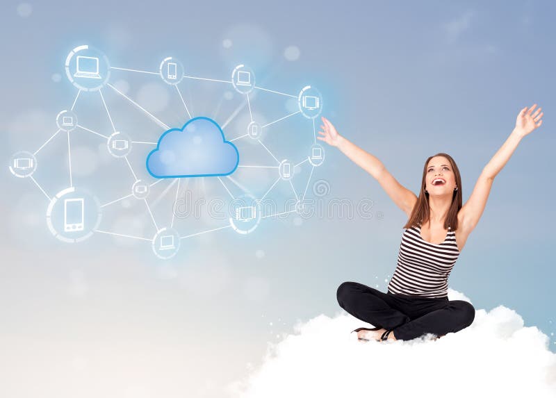Happy Woman Sitting on Cloud with Cloud Computing Stock Image - Image ...