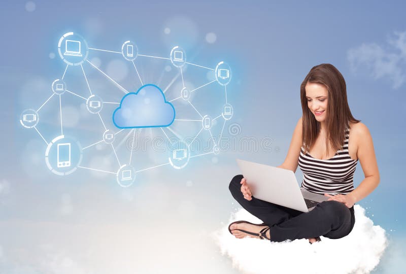 Happy Woman Sitting on Cloud with Cloud Computing Stock Image - Image ...