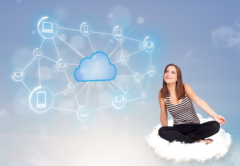 Happy Woman Sitting on Cloud with Cloud Computing Stock Image - Image ...