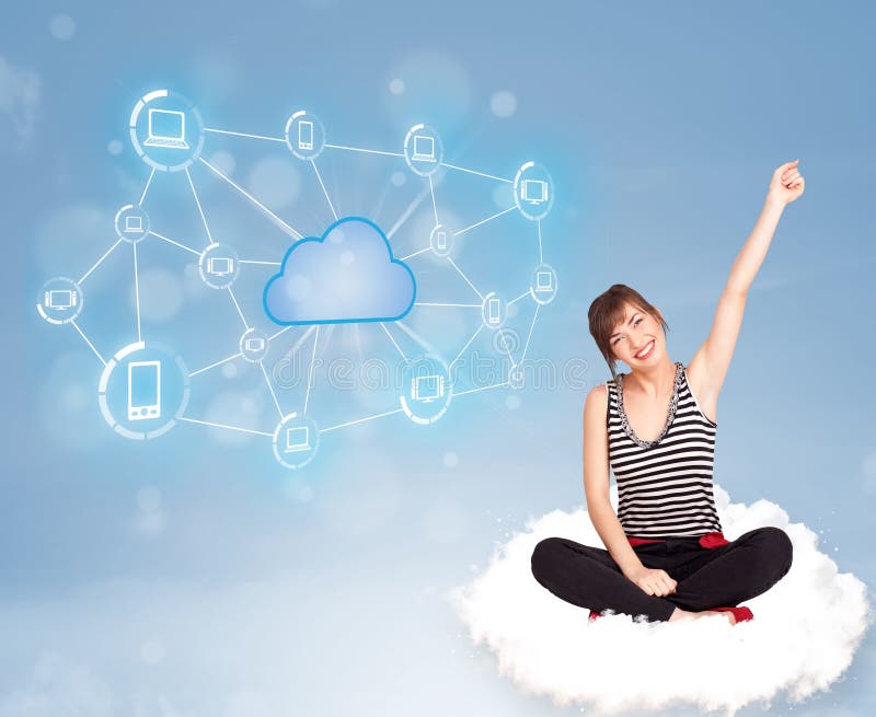 Happy Woman Sitting on Cloud with Cloud Computing Stock Image - Image ...