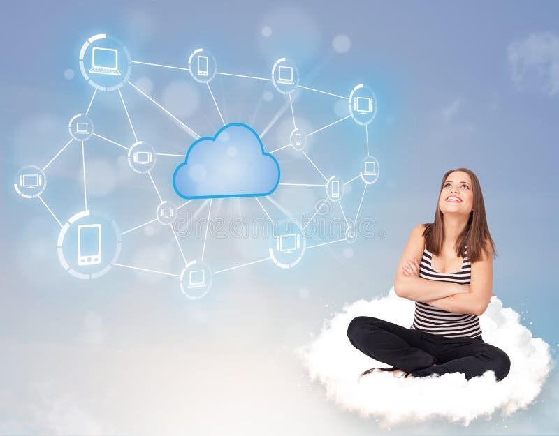 Happy Woman Sitting on Cloud with Cloud Computing Stock Image - Image ...
