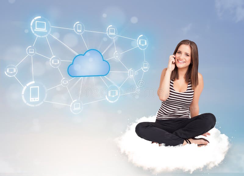 Happy Woman Sitting on Cloud with Cloud Computing Stock Image - Image ...