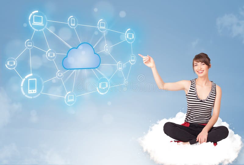 Happy Woman Sitting on Cloud with Cloud Computing Stock Image - Image ...