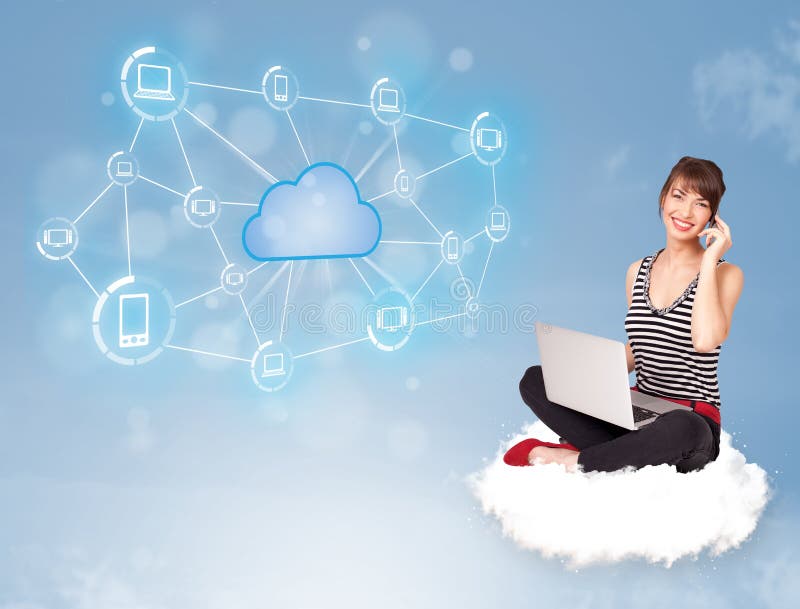 Happy Woman Sitting on Cloud with Cloud Computing Stock Image - Image ...