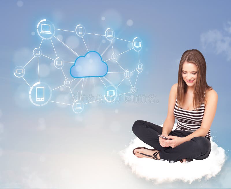 Happy Woman Sitting on Cloud with Cloud Computing Stock Image - Image ...