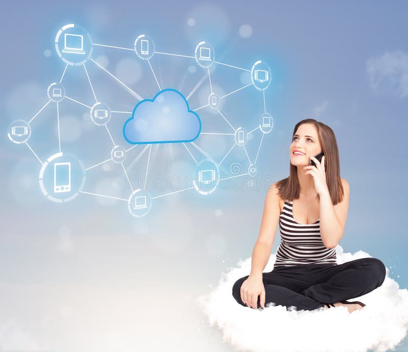 Happy Woman Sitting on Cloud with Cloud Computing Stock Photo - Image ...
