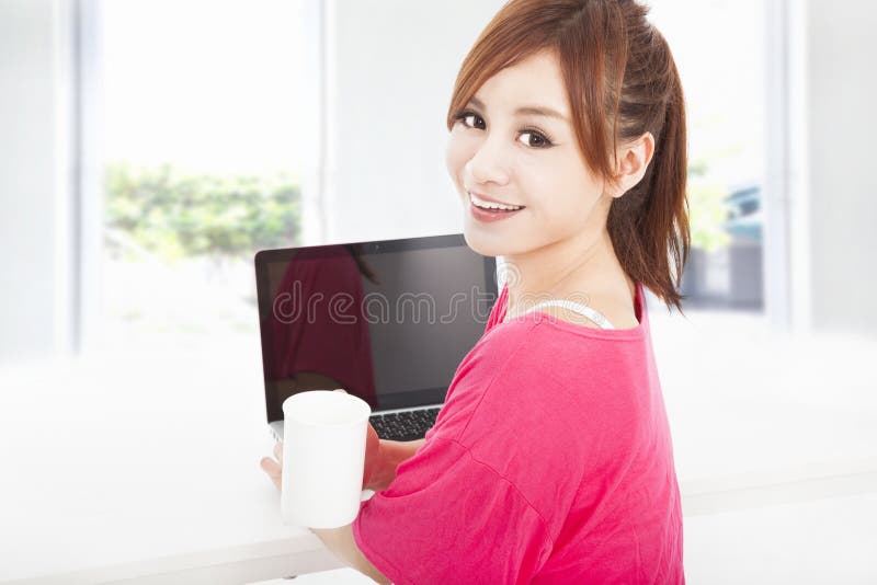 Happy Woman Sitting with Laptop Computer Stock Image - Image of living ...