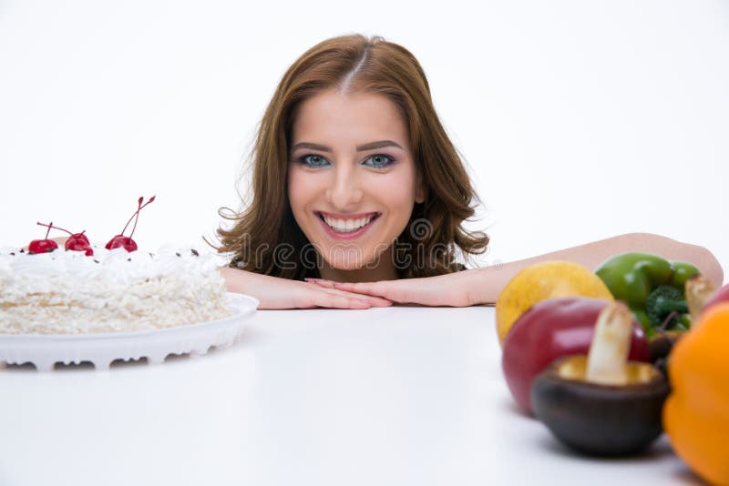 Happy Woman Sitting on the Table with Cake Stock Image - Image of ...