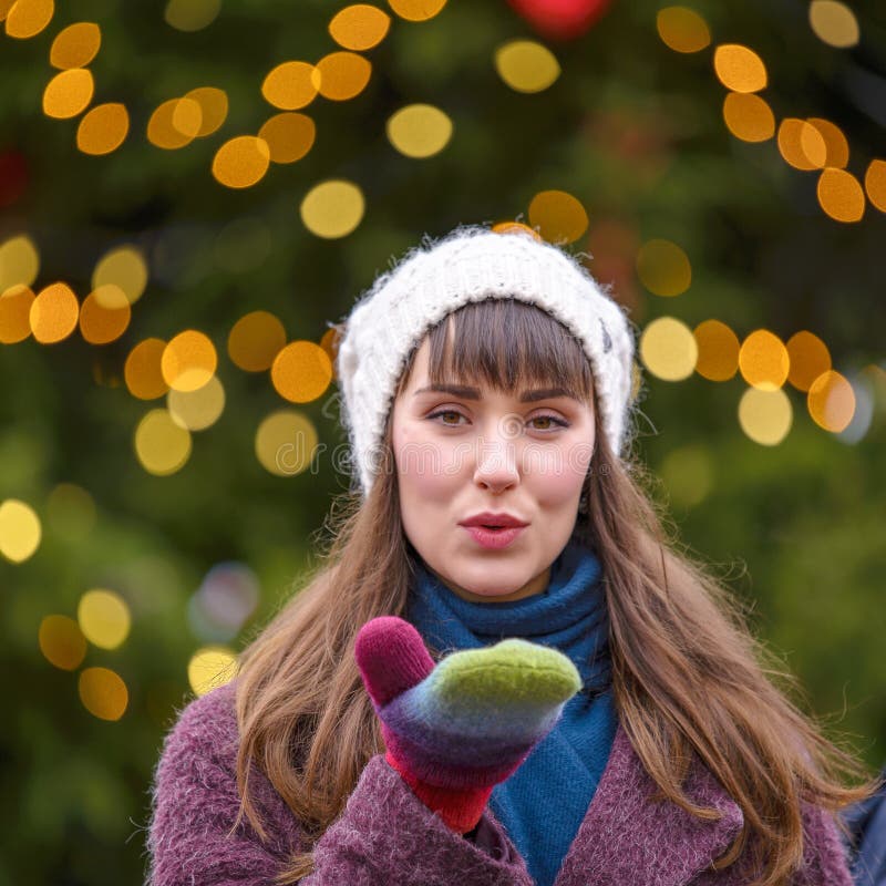 Happy Woman Smiling and Christmas Tree Behind Stock Image - Image of ...