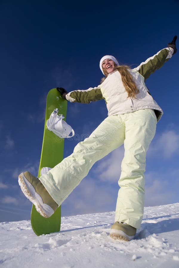 Happy woman with snowboard stock photo. Image of recreation - 10393216
