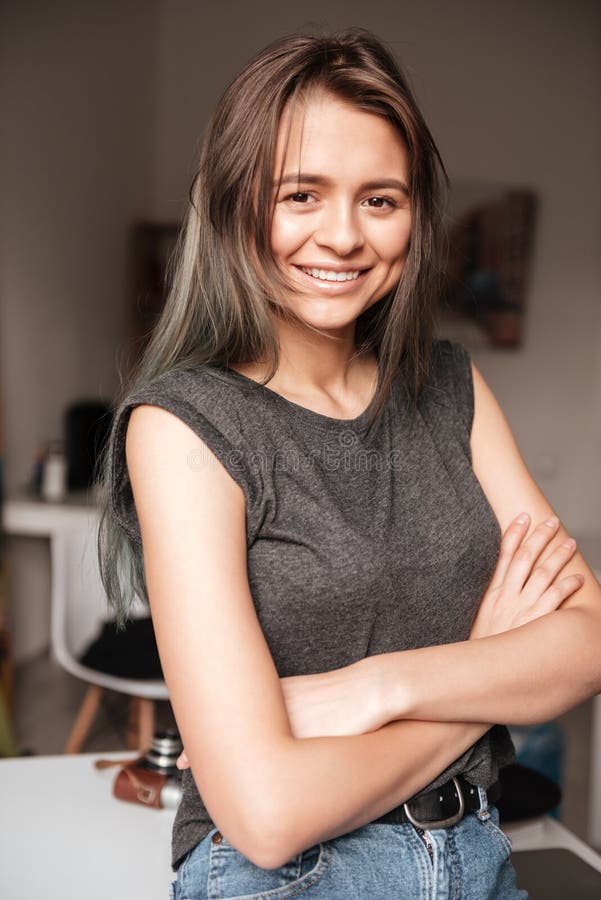 Happy Woman Standing with Hands Folded Stock Image - Image of person ...