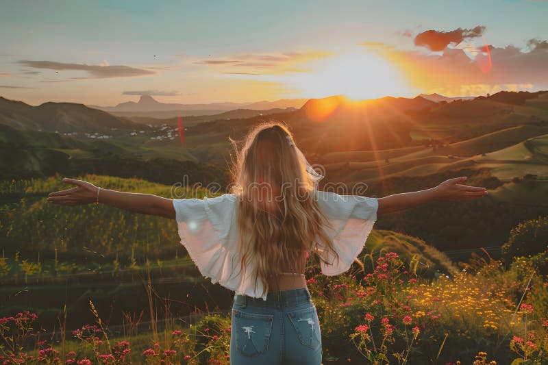 Happy Woman Standing with Her Back on Sunset in Nature Stock Photo ...