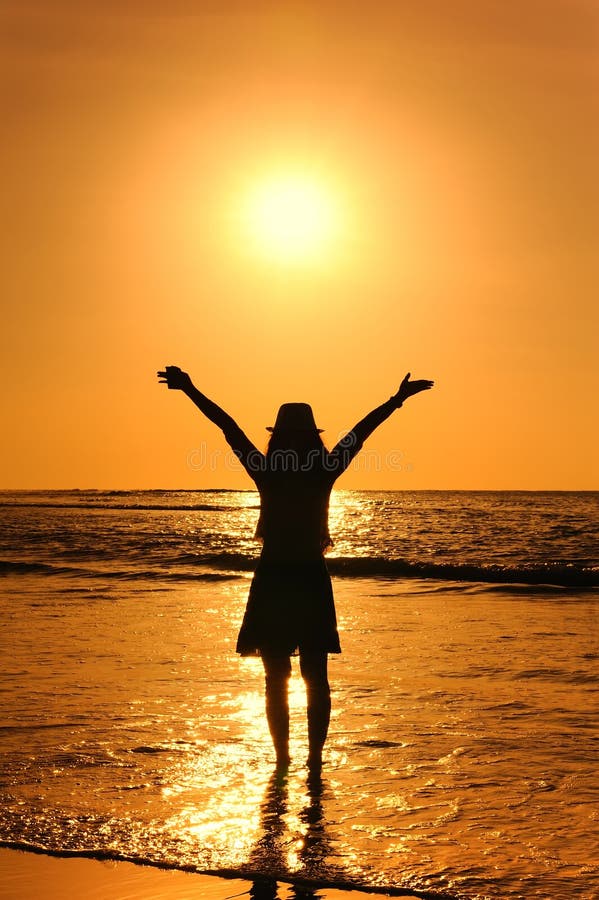 Happy Woman in Sunset at Beach in Thailand Stock Photo - Image of ...