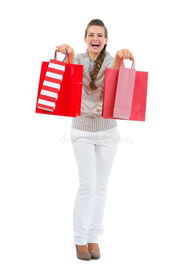 Happy Woman In Sweater With Red Shopping Bags Stock Image Image Of
