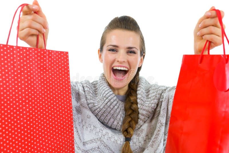 Happy Woman In Sweater Showing Red Shopping Bags Stock Image Image Of