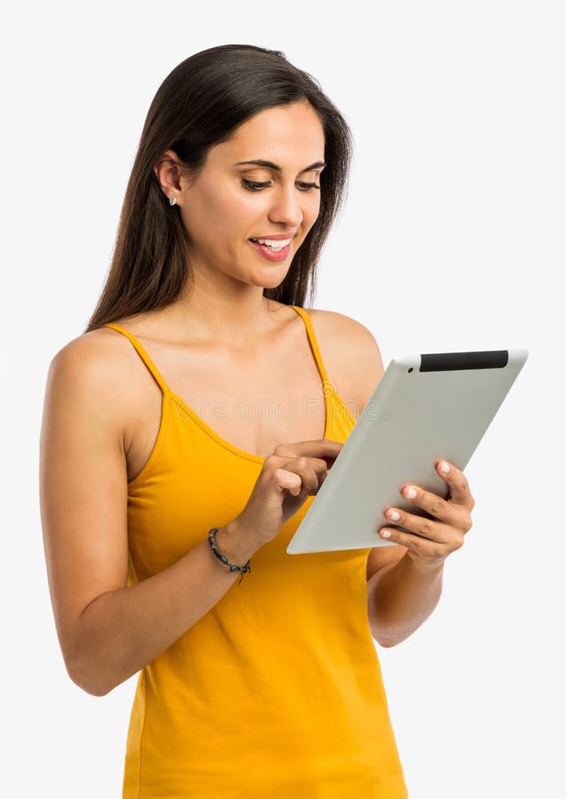 Happy woman with a tablet stock photo. Image of people - 105348432