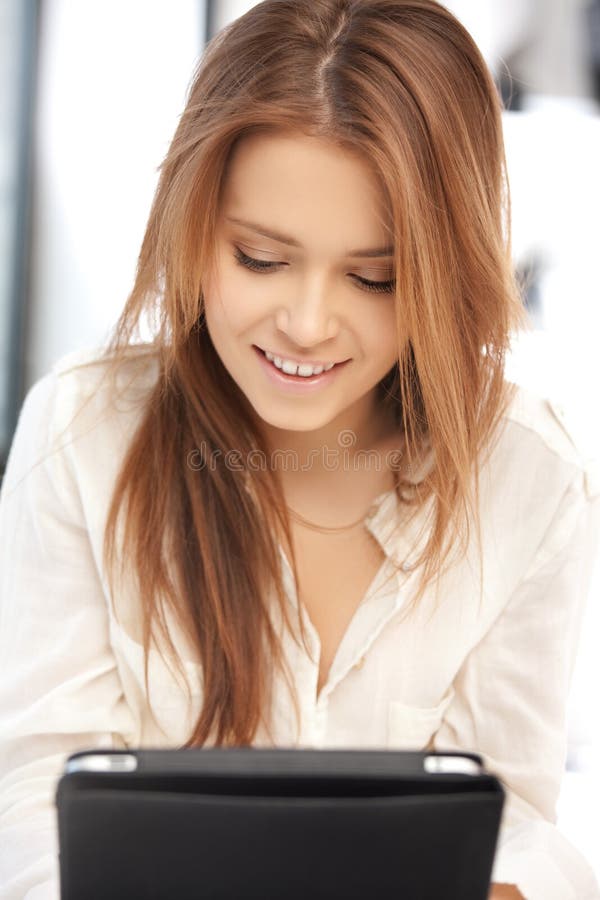 Happy Woman with Tablet Pc Computer Stock Image - Image of online, home ...