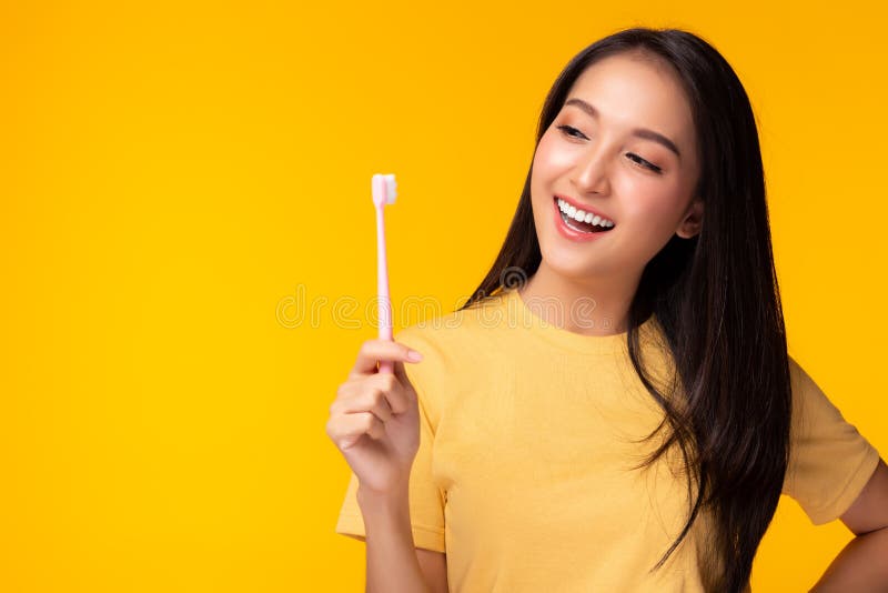 Happy Woman Take Care Tooth And Holding Toothbrush Young Lady Brushing