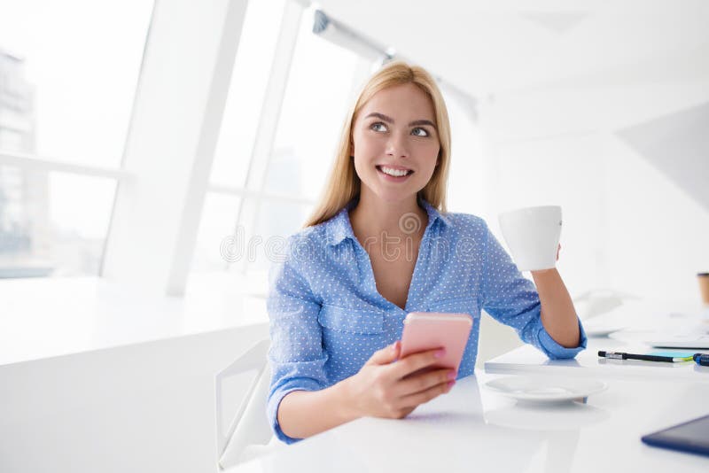 Happy Woman Takes a Coffee Break during Her Work Stock Photo - Image of ...