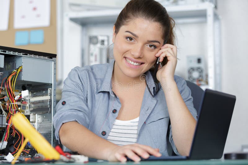 Happy Woman Taking Care Broken Pc Stock Image - Image of tools ...